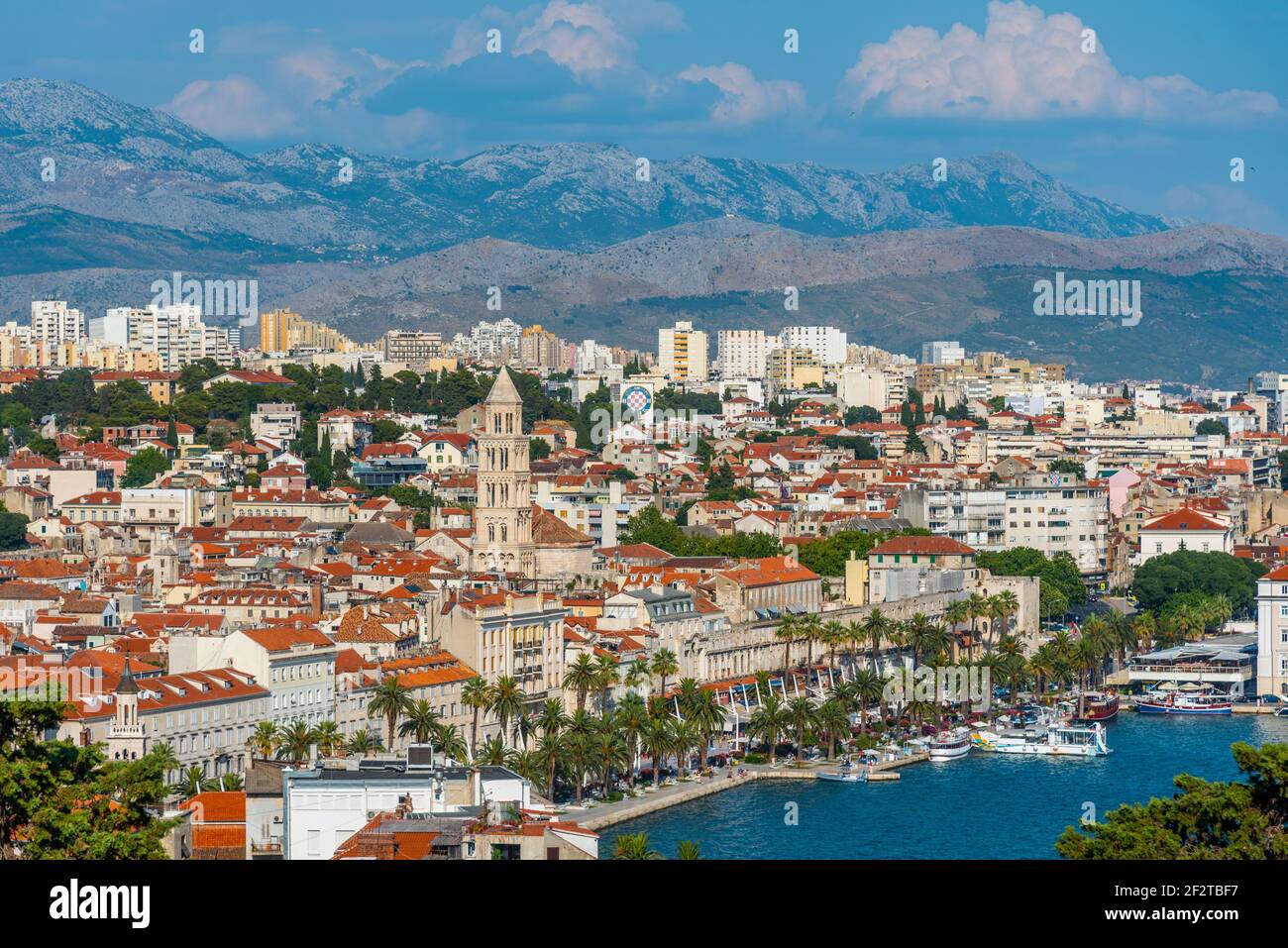 Aerial view of cityscape of Croatian city Split behind Riva promenade ...