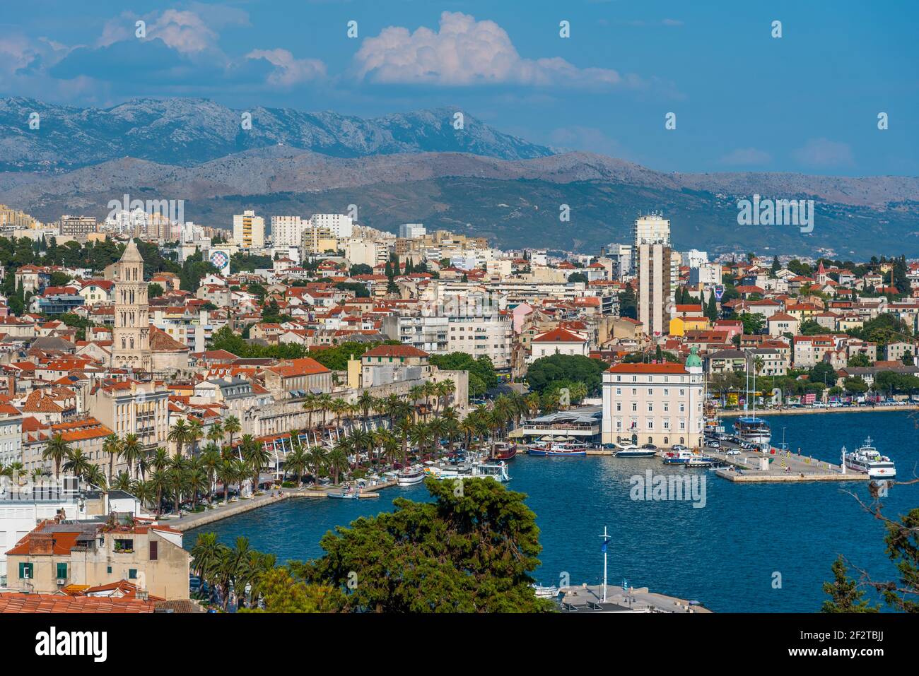 Aerial view of cityscape of Croatian city Split behind Riva promenade ...