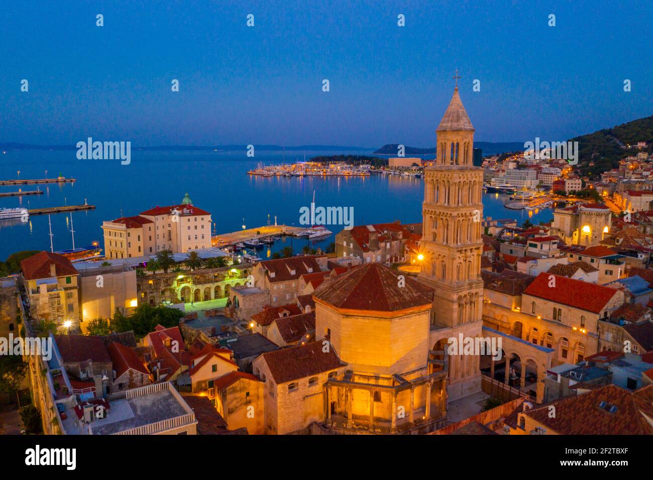 Sunrise aerial view of old town of Split dominated by belltower of ...