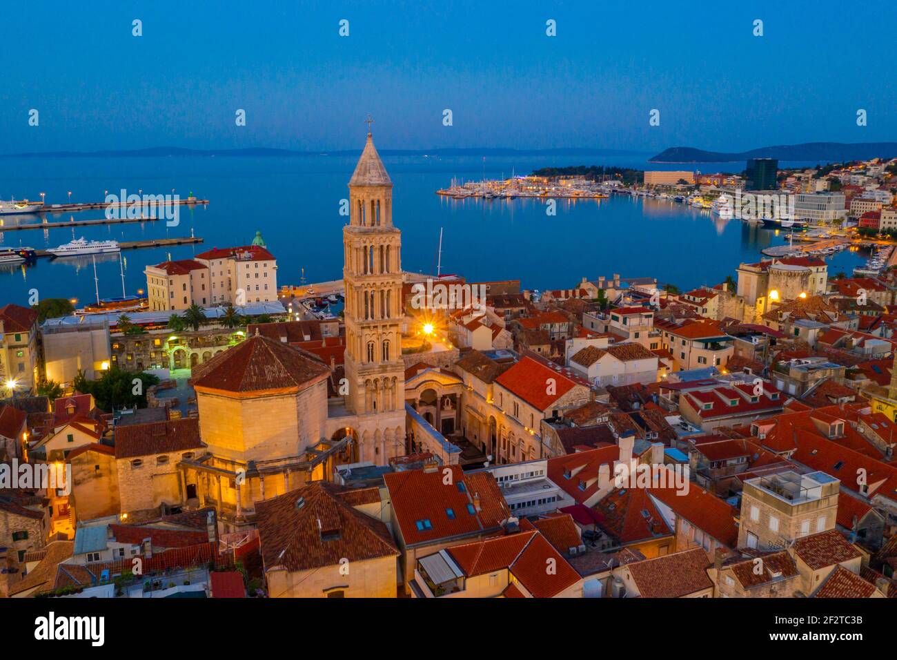 Sunrise aerial view of old town of Split dominated by belltower of ...
