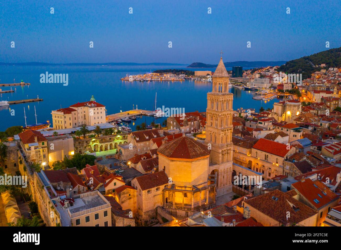 Sunrise aerial view of old town of Split dominated by belltower of ...