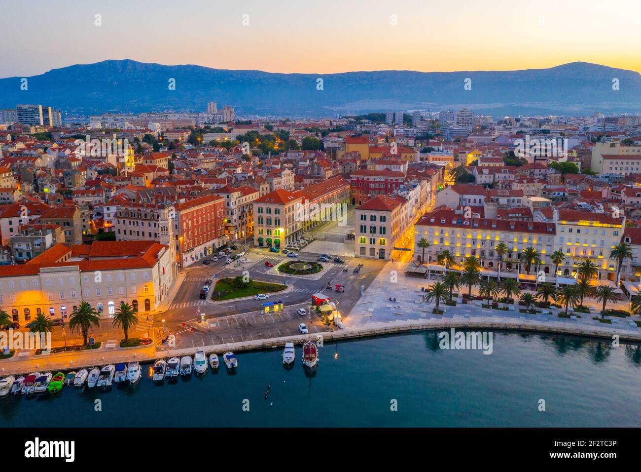 Night aerial view of the Republic square in Split, Croatia Stock Photo ...