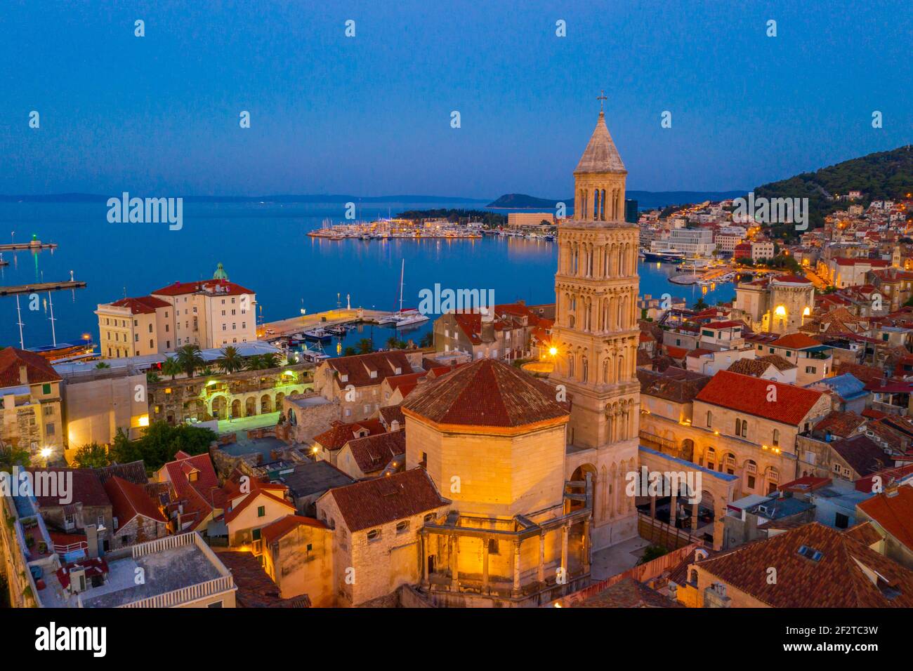 Sunrise aerial view of old town of Split dominated by belltower of ...