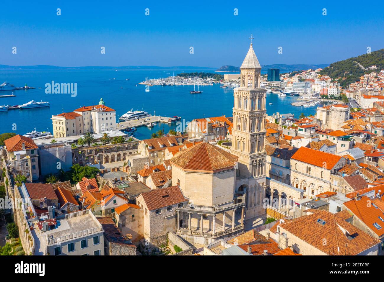 aerial view of old town of Split dominated by belltower of Saint ...