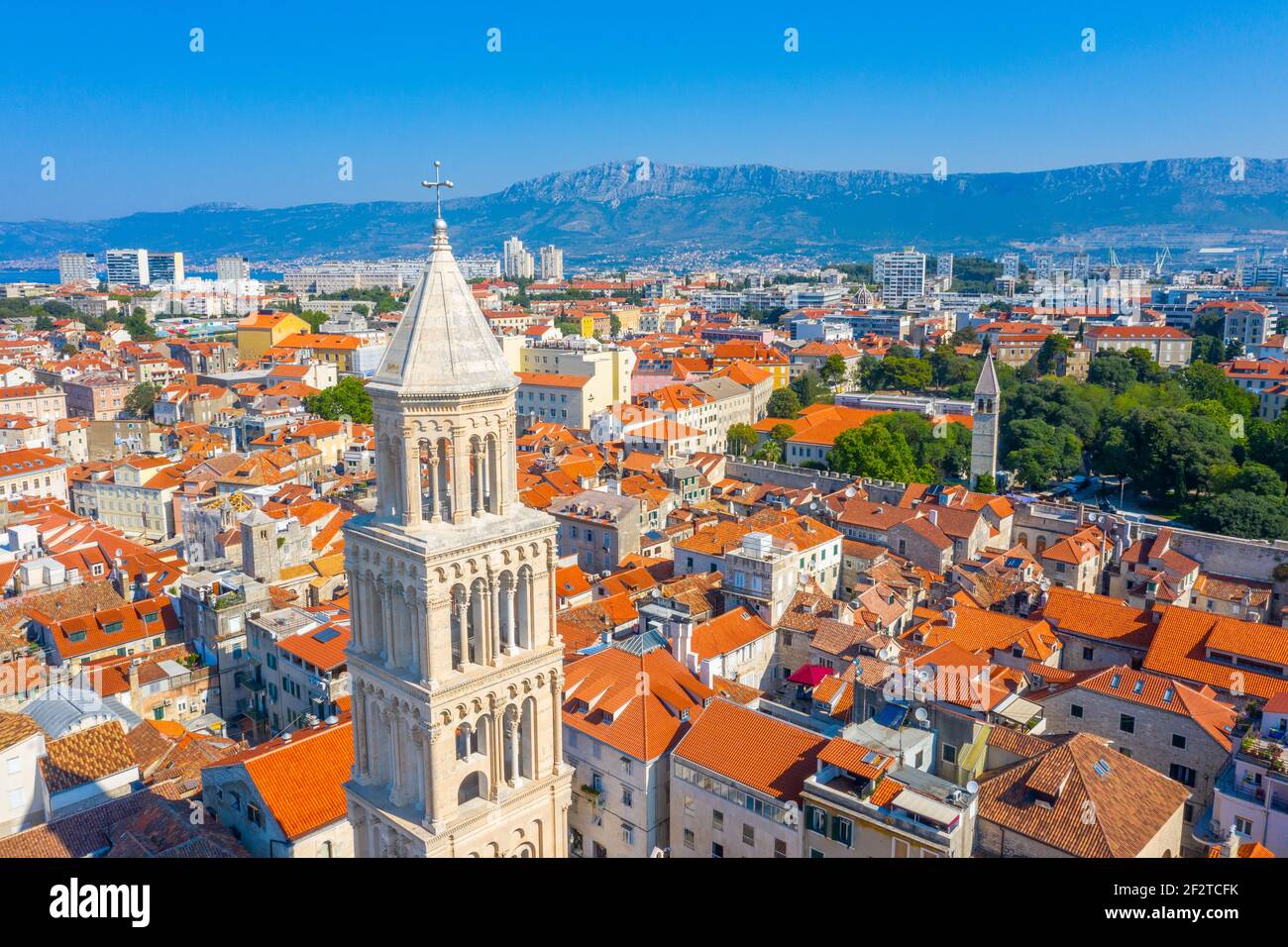 aerial view of old town of Split dominated by belltower of Saint ...