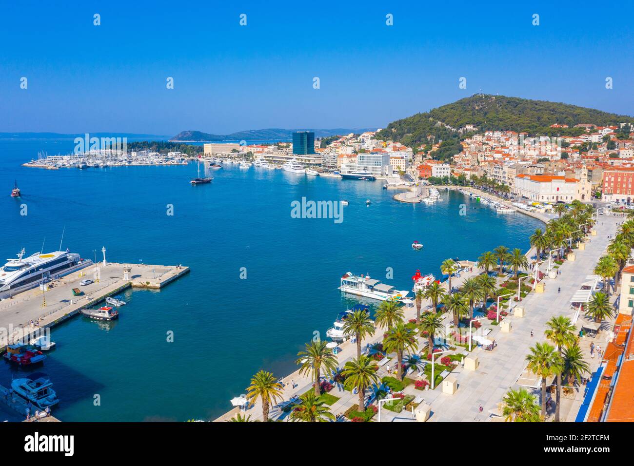 Aerial view of Riva promenade in Split with Marjan hill, Croatia Stock ...