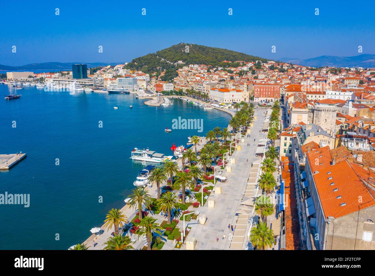 Aerial view of Riva promenade in Split with Marjan hill, Croatia Stock ...
