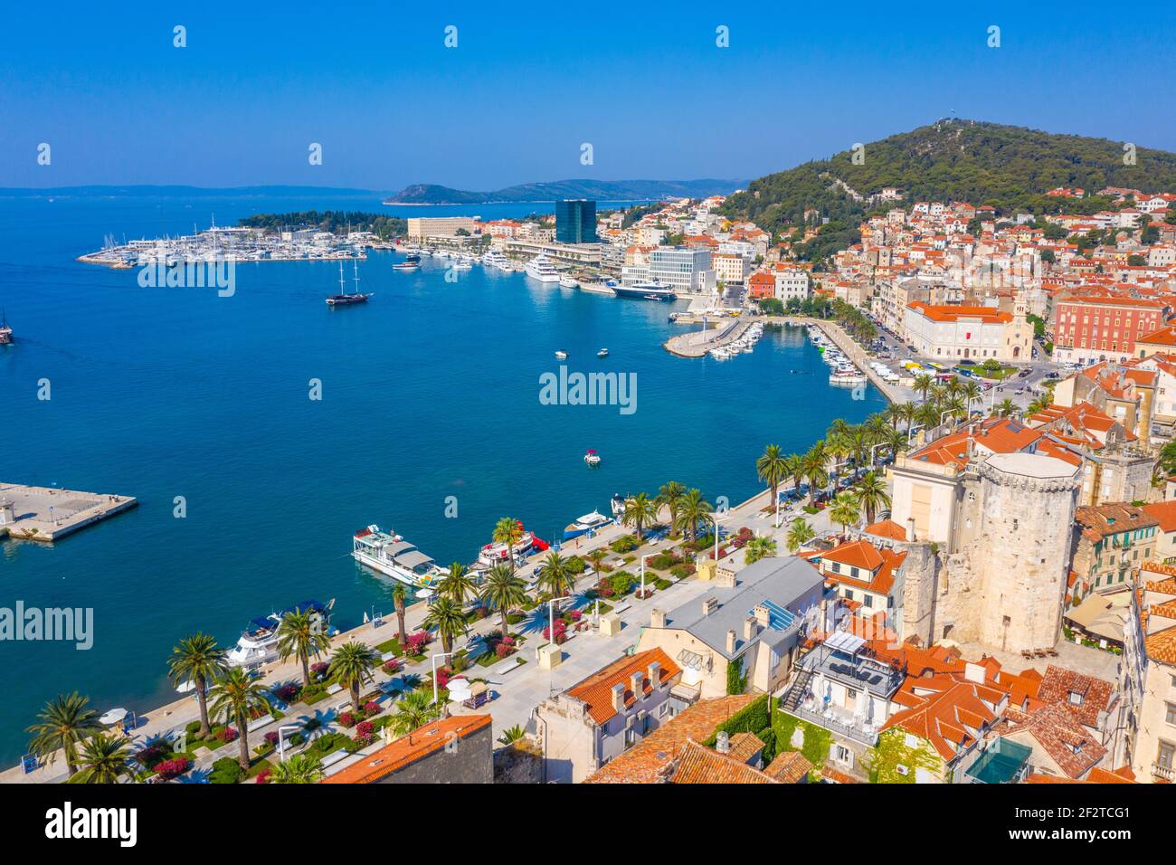 Aerial view of Riva promenade in Split with Marjan hill, Croatia Stock ...