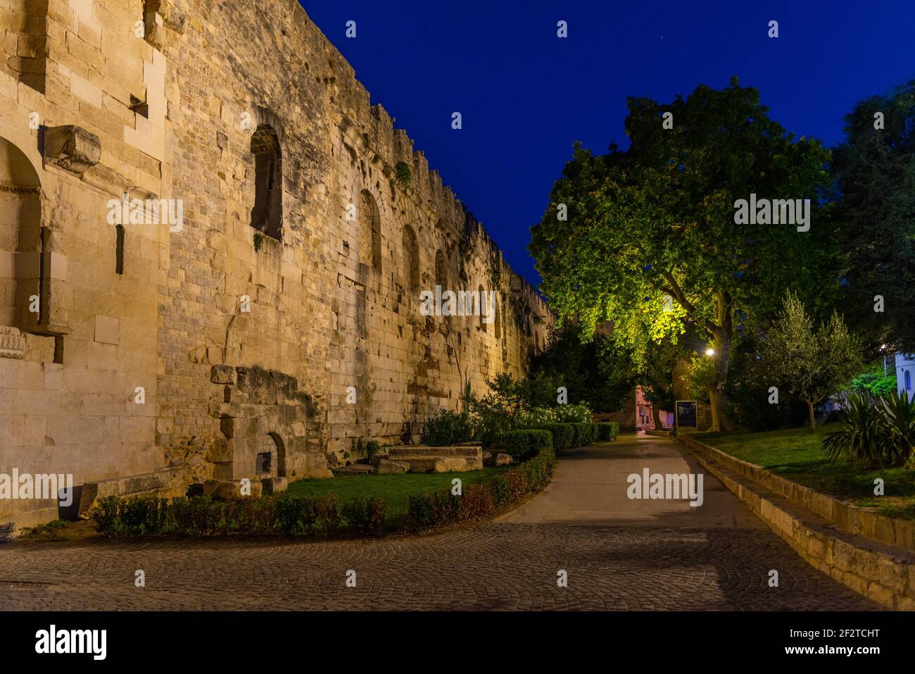 Night view of the golden gate of Diocletian palace in Split, Croatia ...