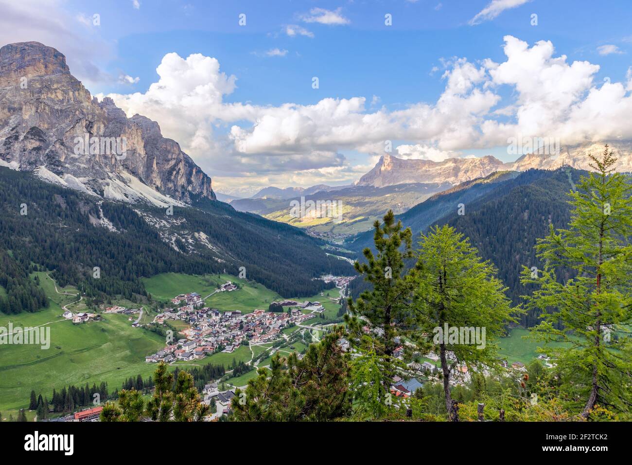Panoramic view of the valley Val Badia at the foot Sassongher mountain ...