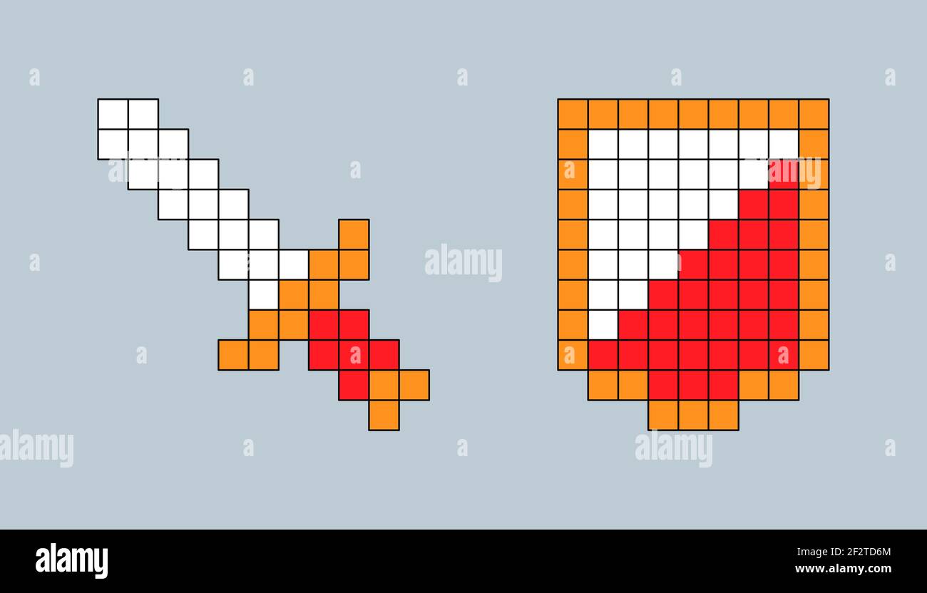 Vector pixel art cartoon sword and shield isolated elements on gray ...