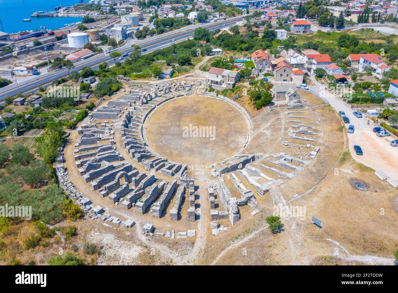 Aerial view of Roman amphitheater ancient Salona near Split, Croatia ...