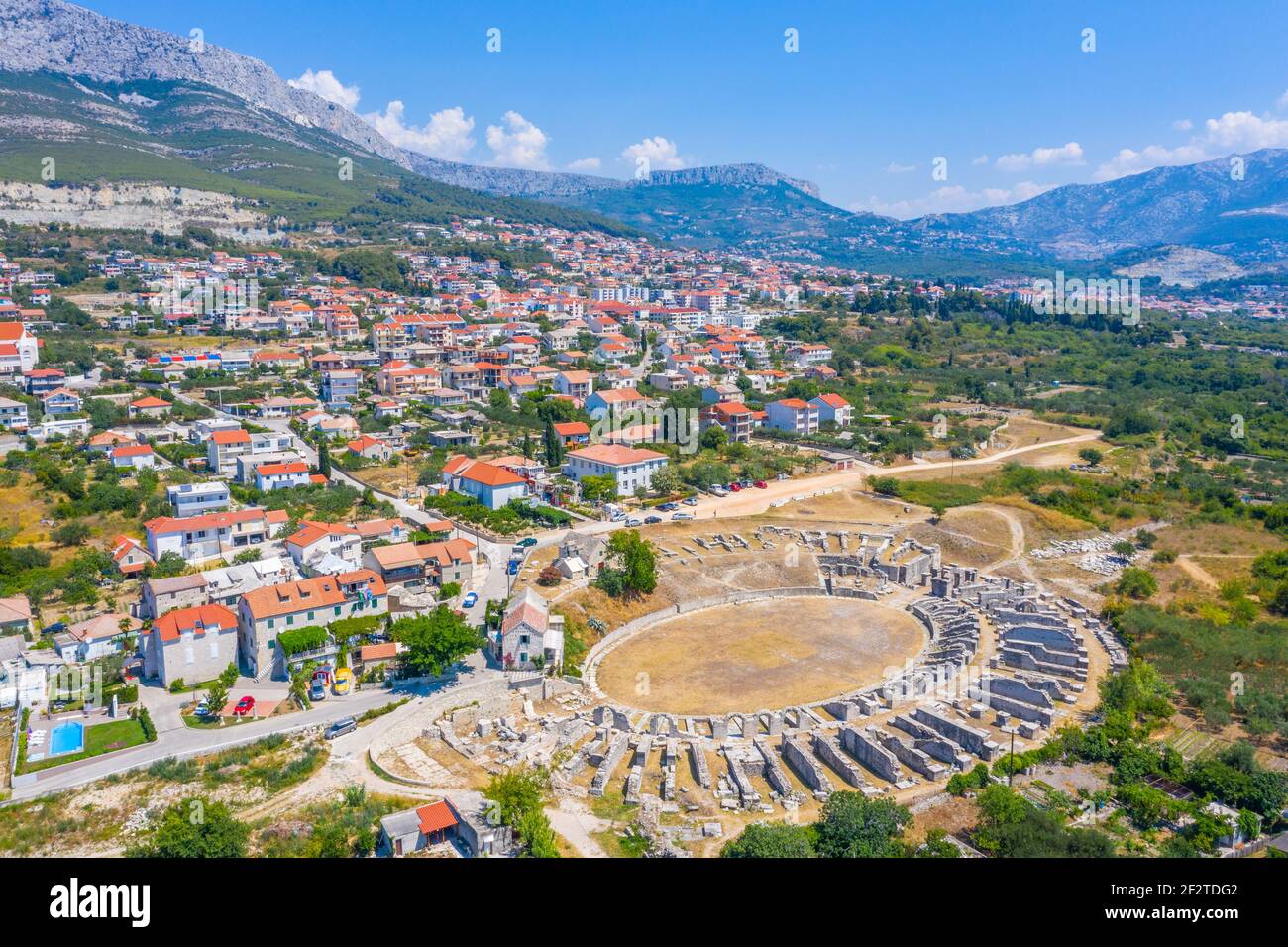 Aerial view of Roman amphitheater ancient Salona near Split, Croatia ...