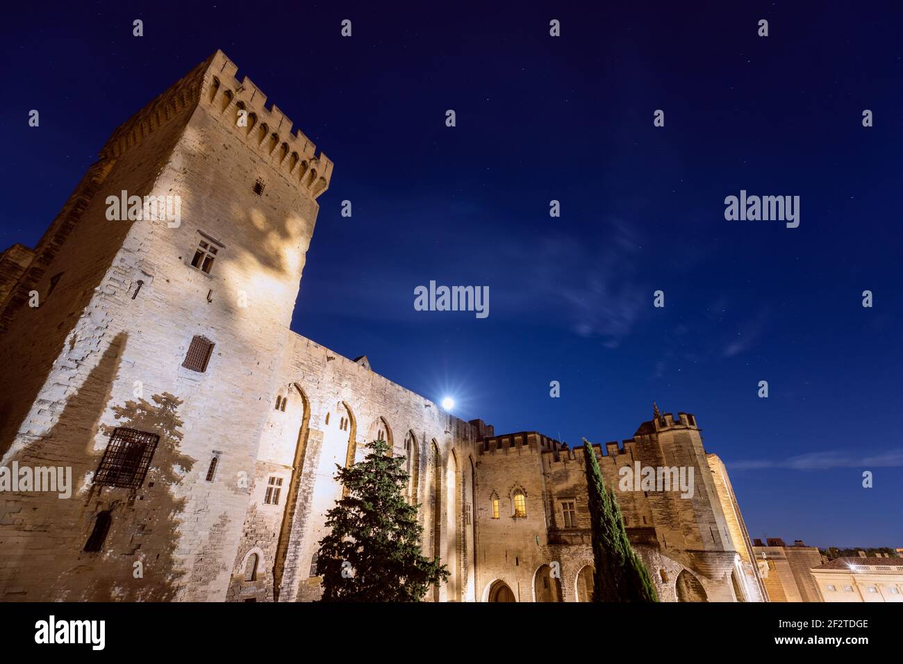 Beautiful night view of the Palace of the Popes with the rising moon in ...