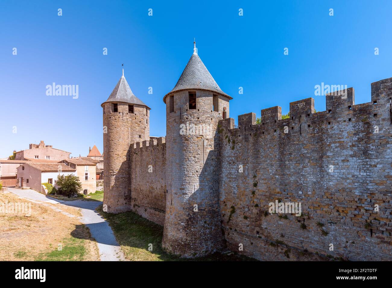 Castle walls and observation towers of medieval Carcassonne town Stock ...