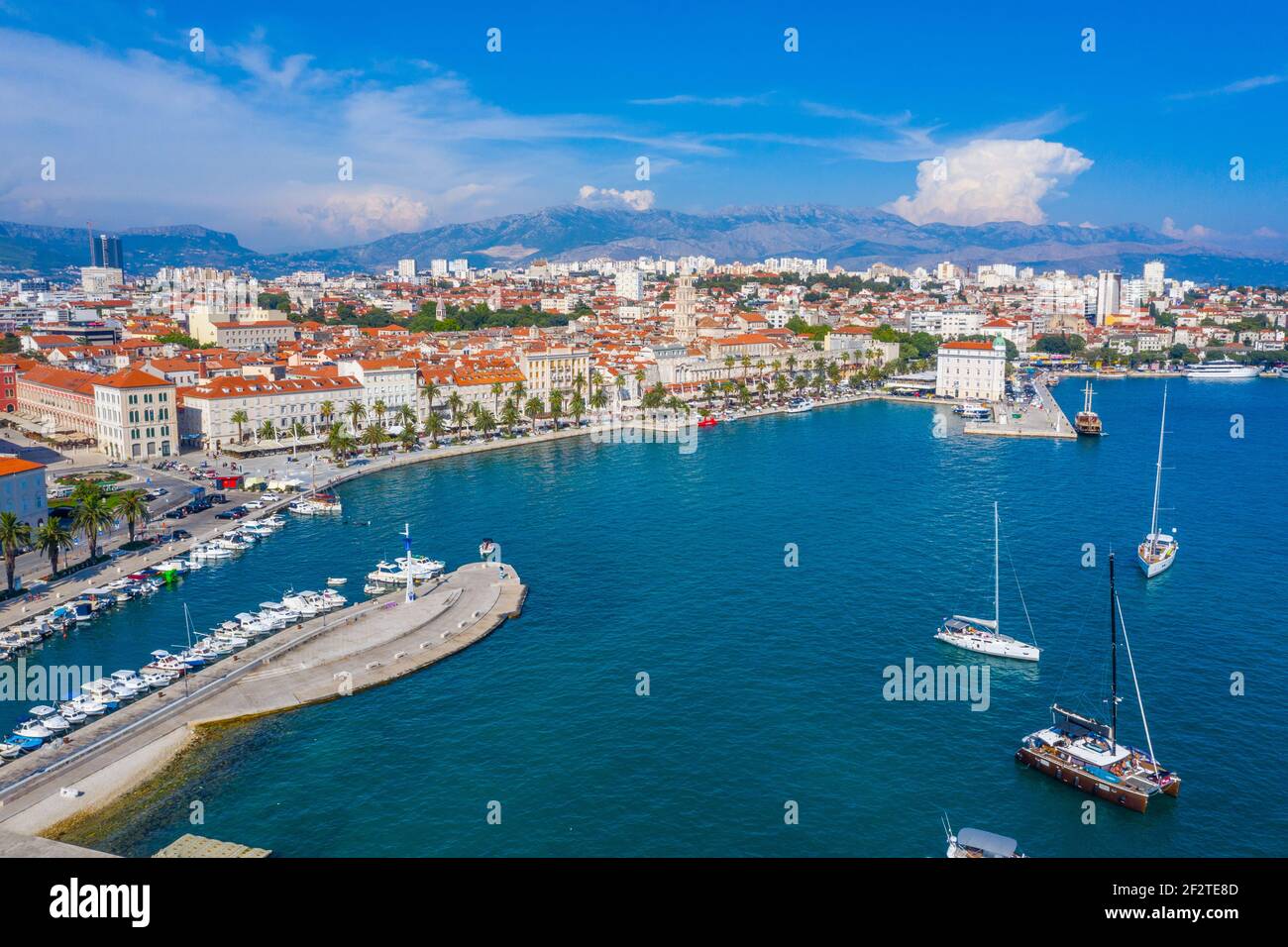 Aerial view of cityscape of Croatian city Split behind Riva promenade ...