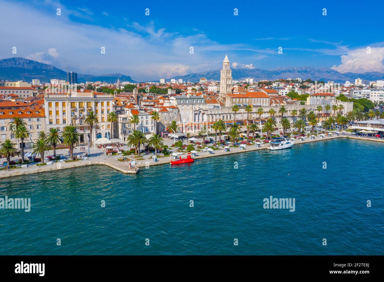 Aerial view of cityscape of Croatian city Split behind Riva promenade ...