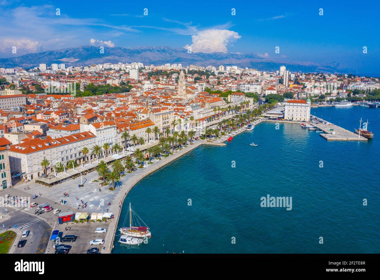 Aerial view of cityscape of Croatian city Split behind Riva promenade ...
