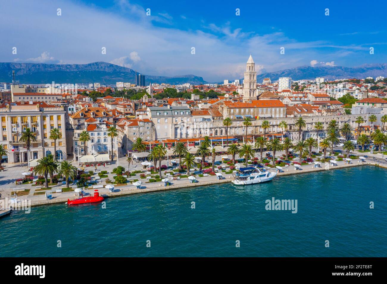 Aerial view of cityscape of Croatian city Split behind Riva promenade ...