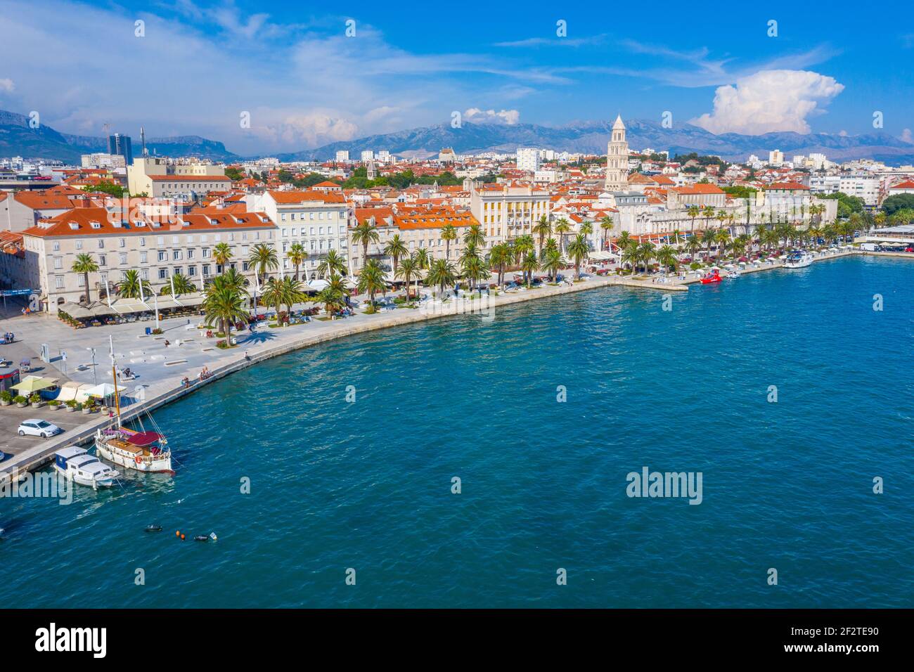Aerial view of cityscape of Croatian city Split behind Riva promenade ...