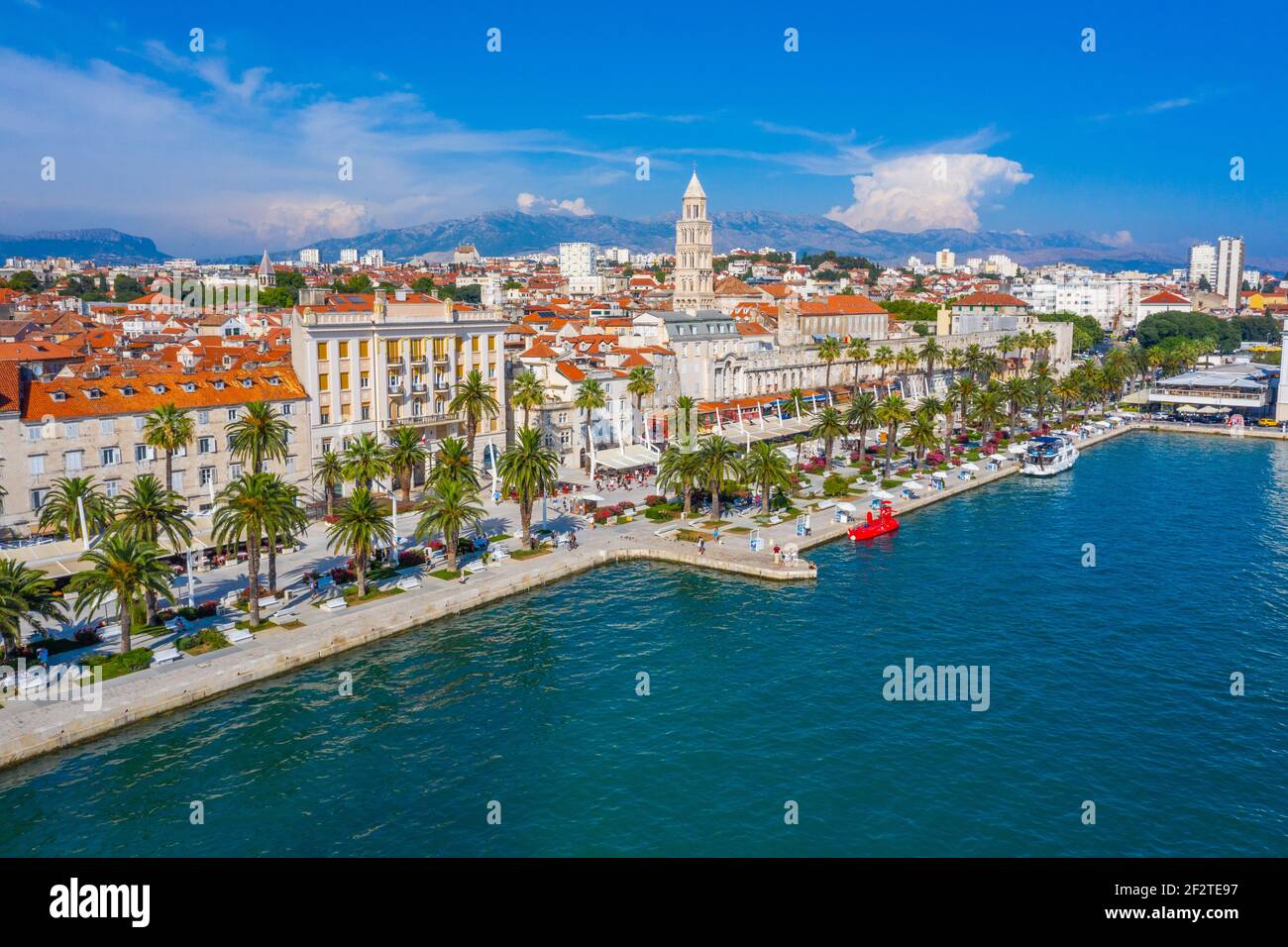 Aerial view of cityscape of Croatian city Split behind Riva promenade ...