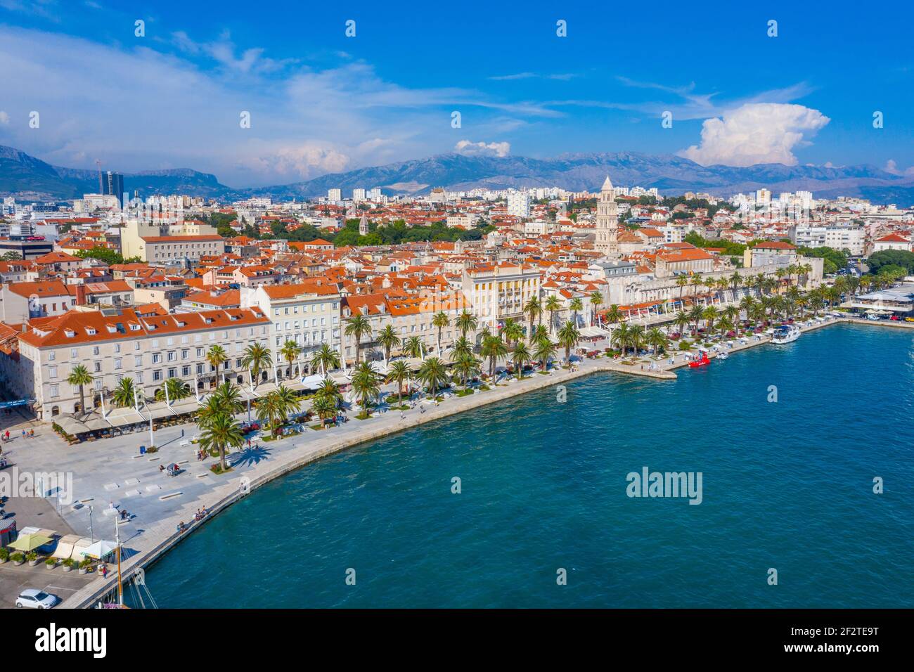 Aerial view of cityscape of Croatian city Split behind Riva promenade ...