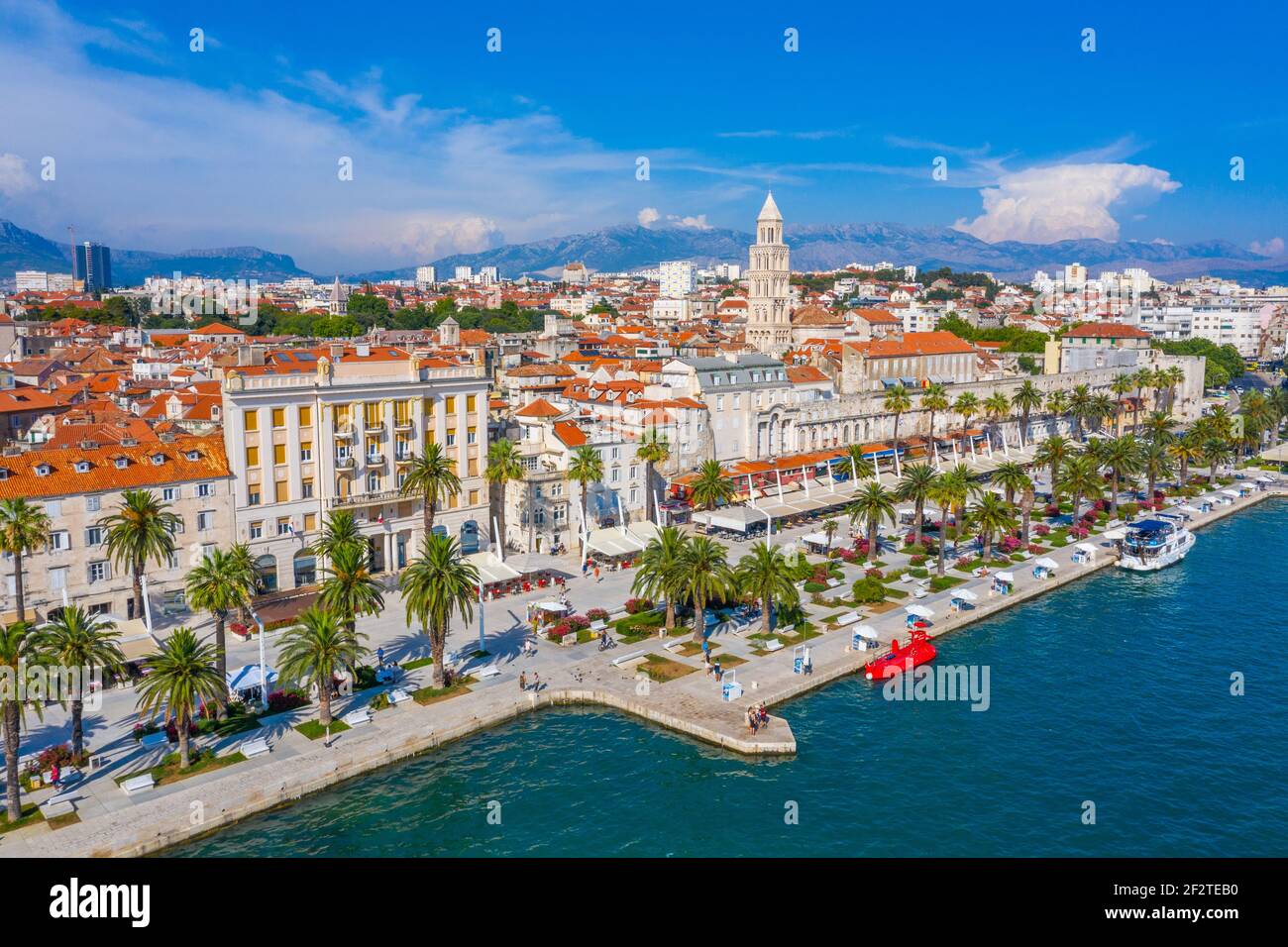 Aerial view of cityscape of Croatian city Split behind Riva promenade ...