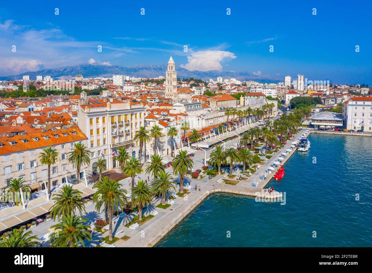 Aerial view of cityscape of Croatian city Split behind Riva promenade ...