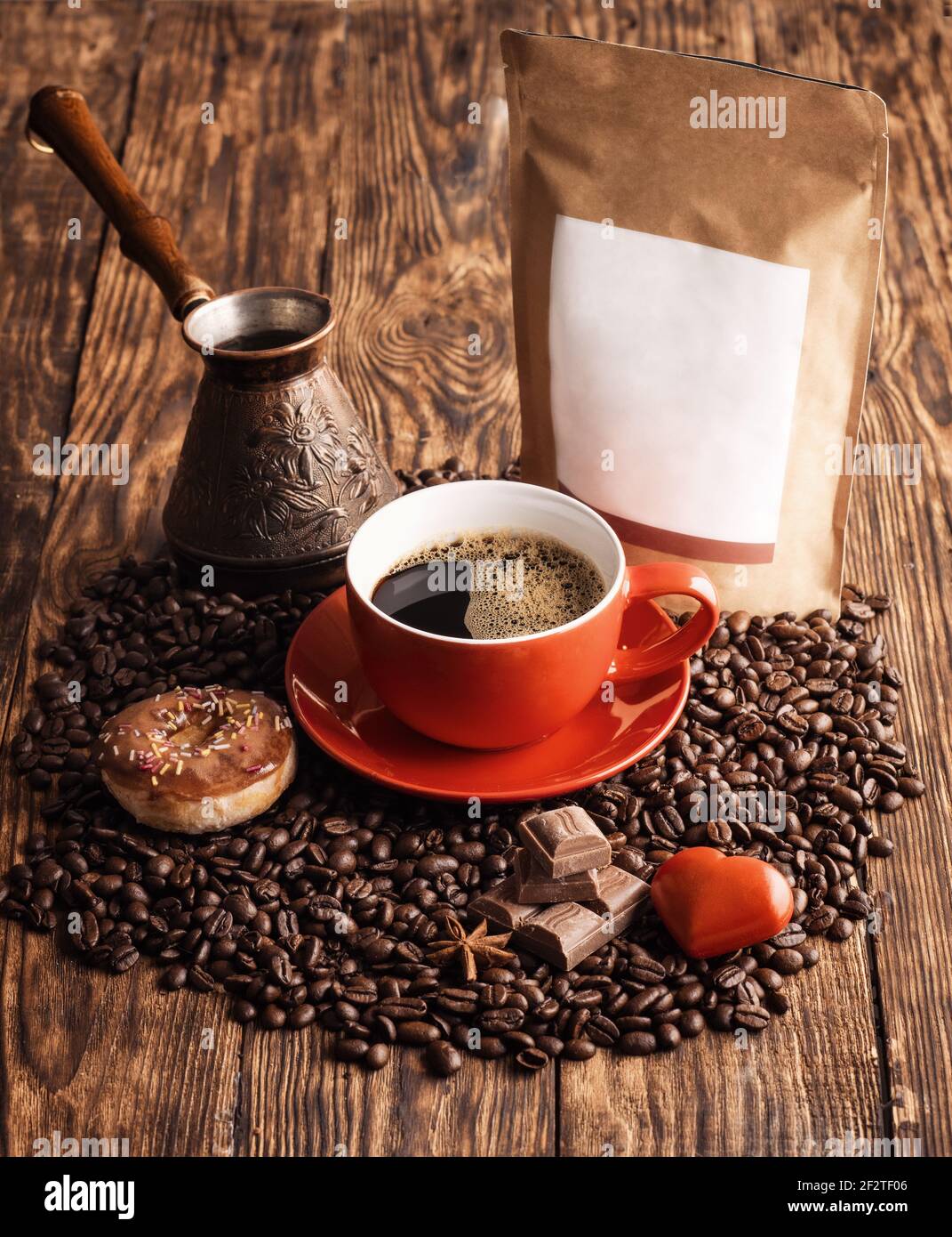 blue cup of coffee, doughnuts, heart, beans, turkish coffee pot, and ...