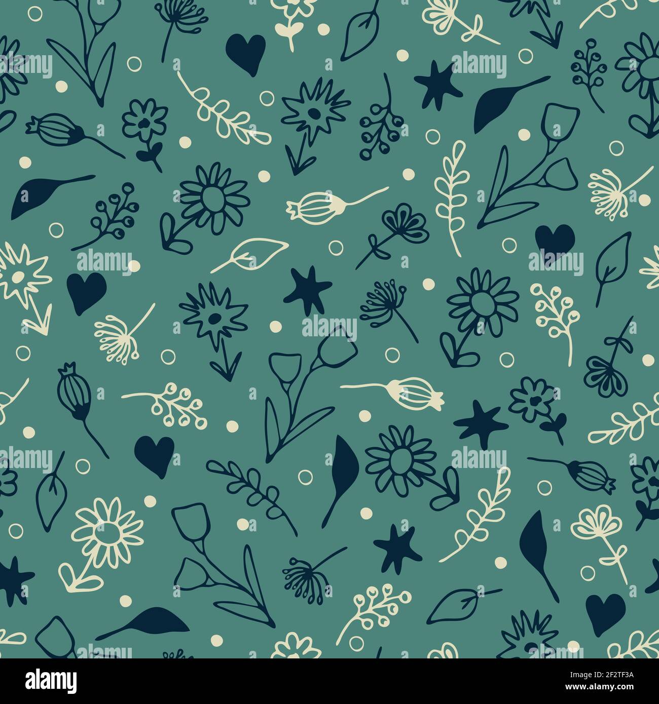 Seamless vector pattern with small hand drawn flowers on blue ...
