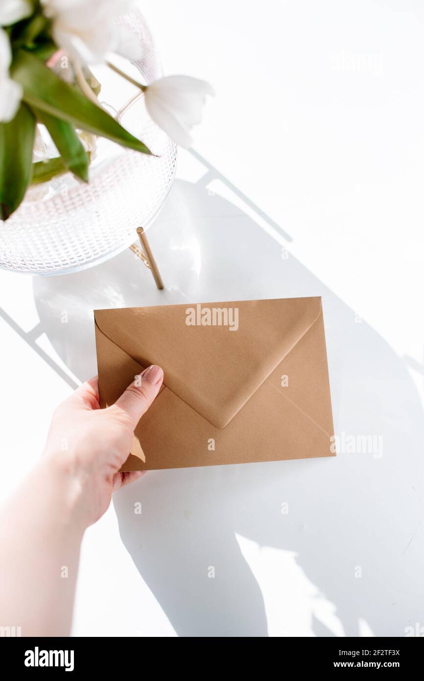 Brown Envelop flat lay for wedding, birthday, business invitation ...