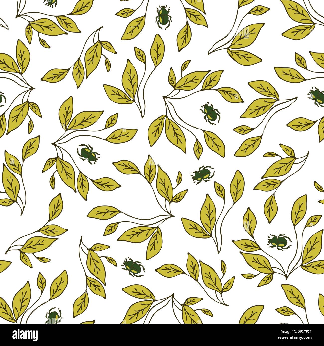 Seamless vector pattern with leaves and beetles on white background ...
