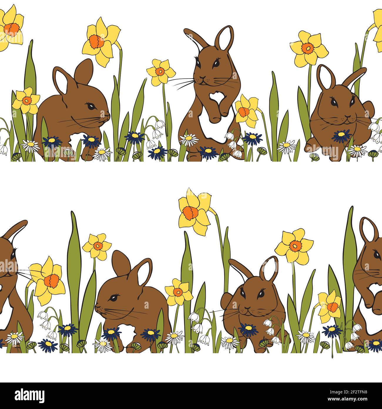Seamless vector pattern with brown bunnies and spring flowers on white ...