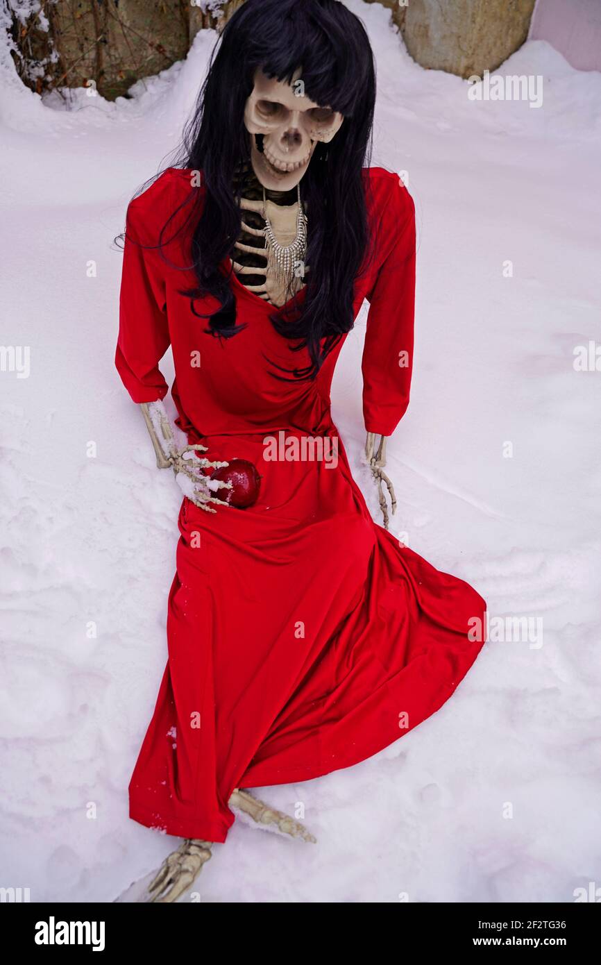 Last apple skeleton with red dress and red apple Stock Photo - Alamy