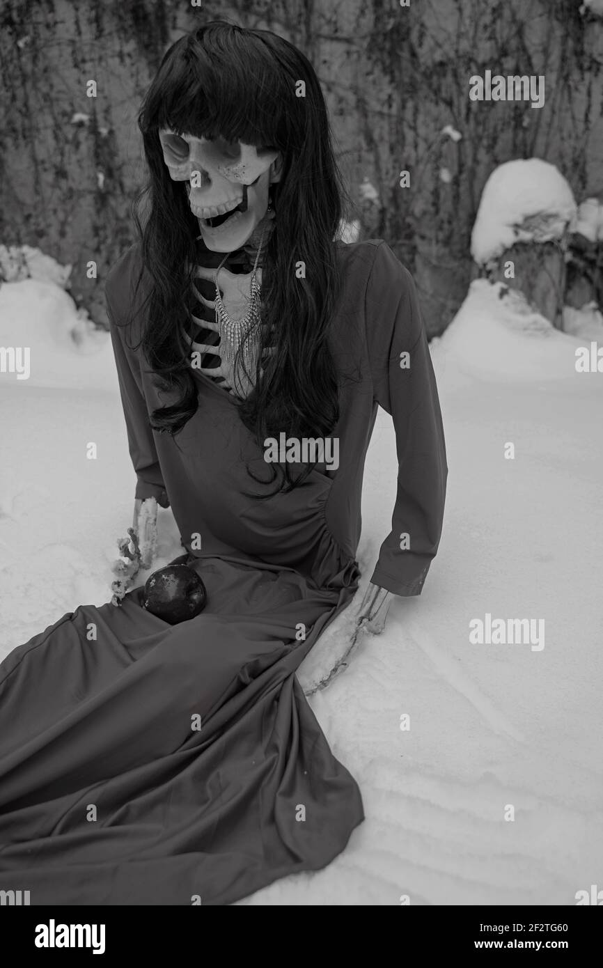 Last apple skeleton with red dress and red apple Stock Photo - Alamy