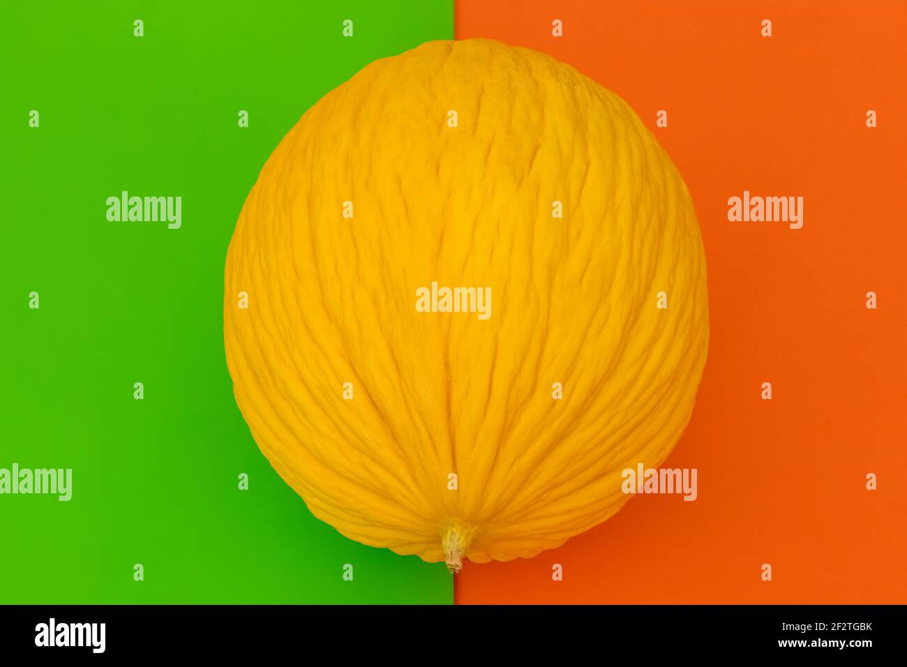 Yellow melon on a two-tone orange and green background. Pop art ...