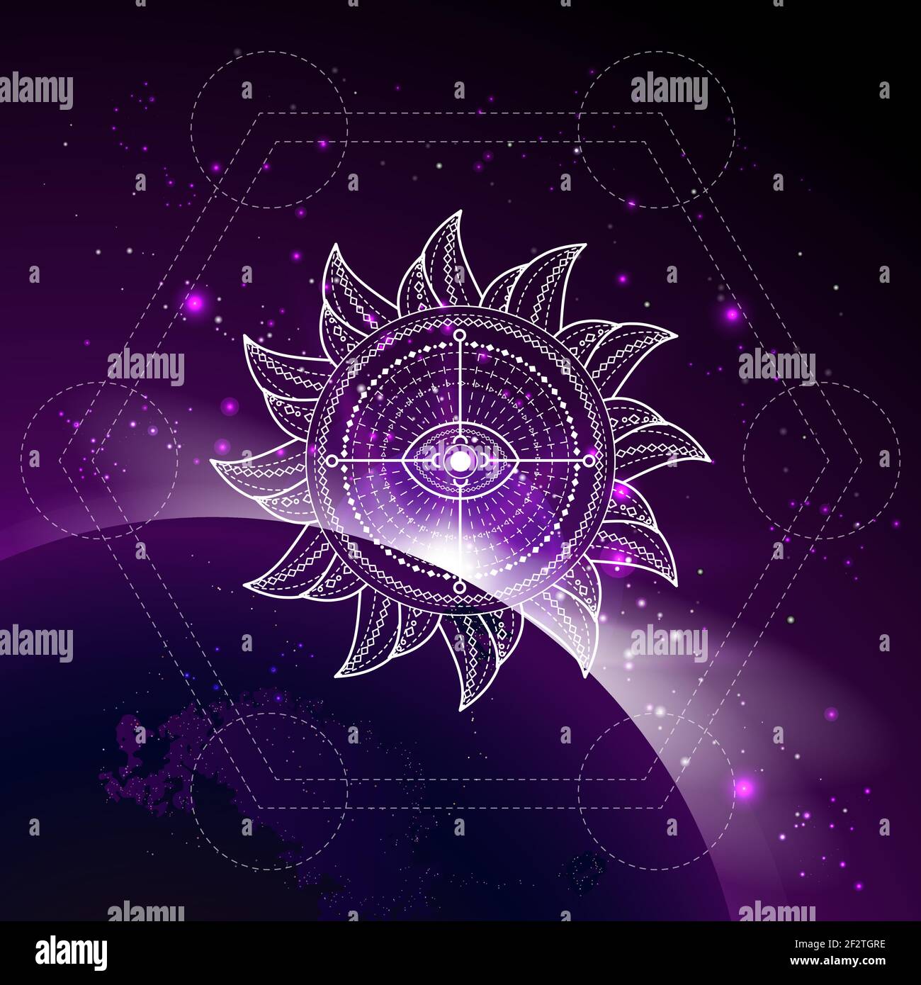 Vector illustration of mystic symbol Sun against the space background ...