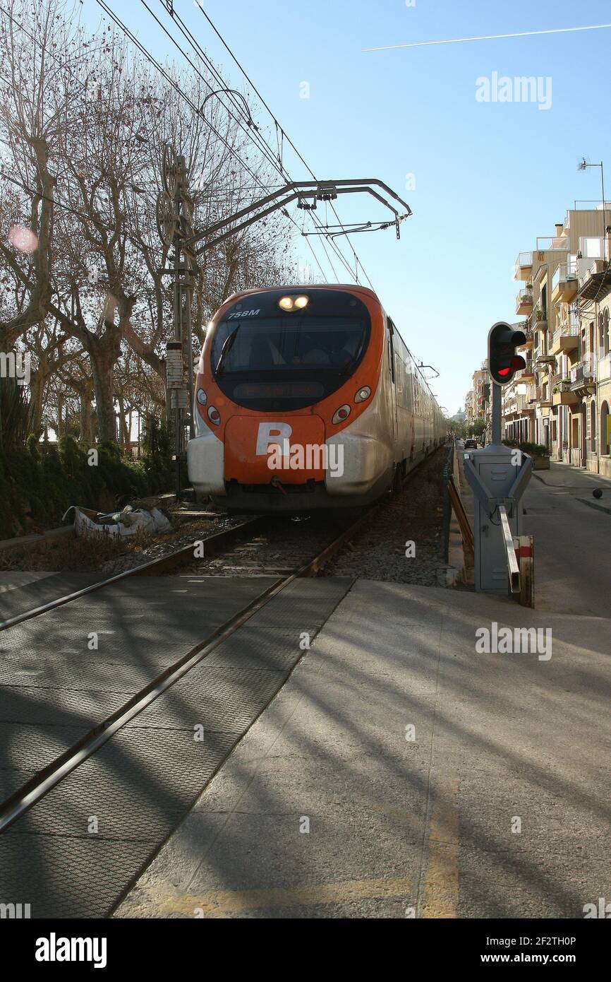 Renfe train 758M approching the Railway Train Station in the city of ...