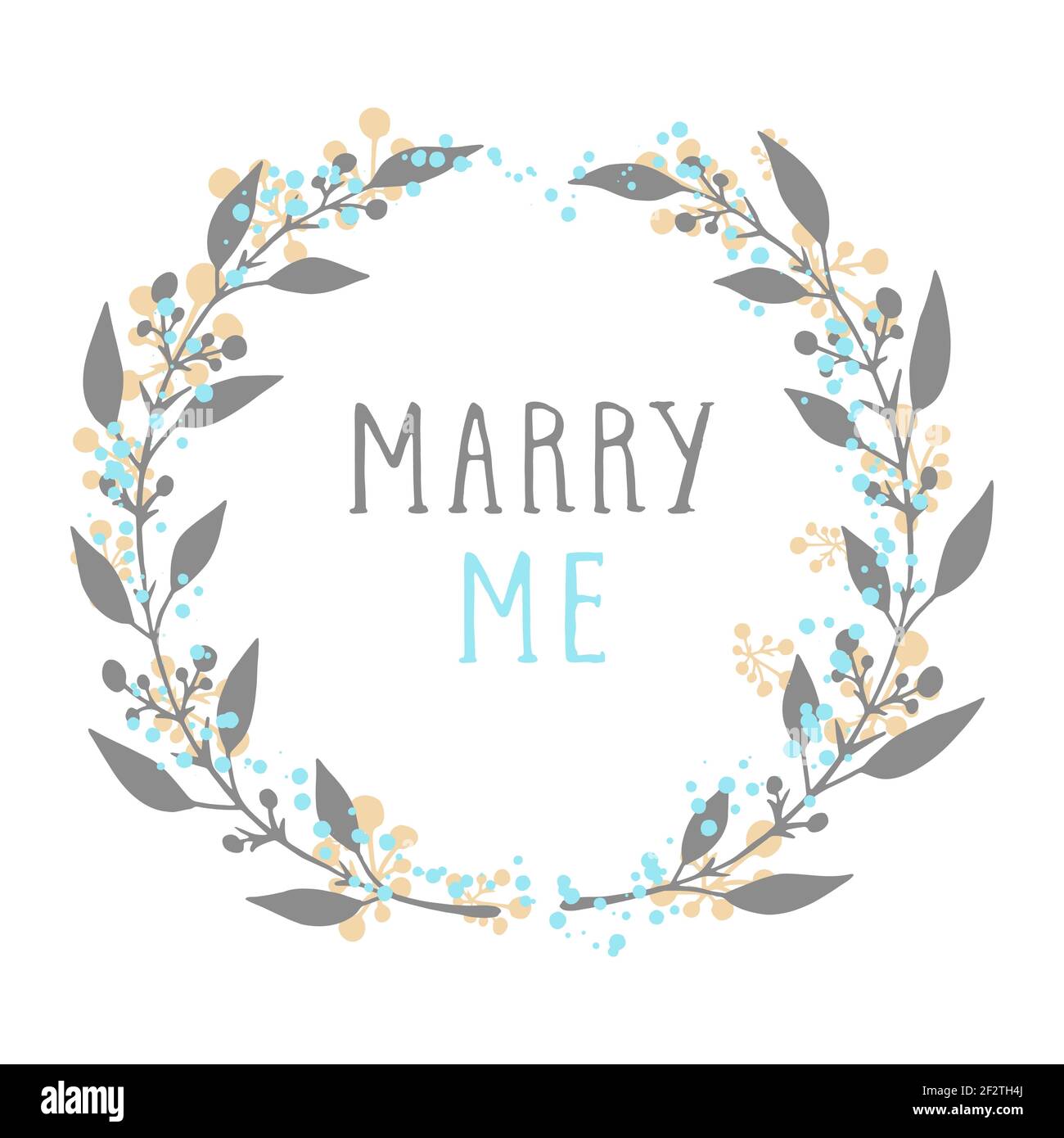 Vector hand drawn illustration of text MARRY ME and floral round frame ...