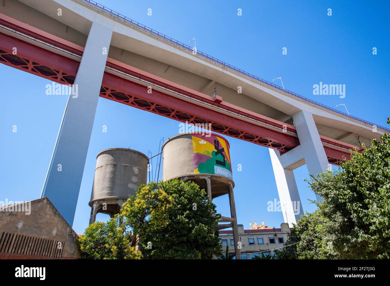 The structure of the 25th April bridge (Ponte de25 Abril) overlooking ...
