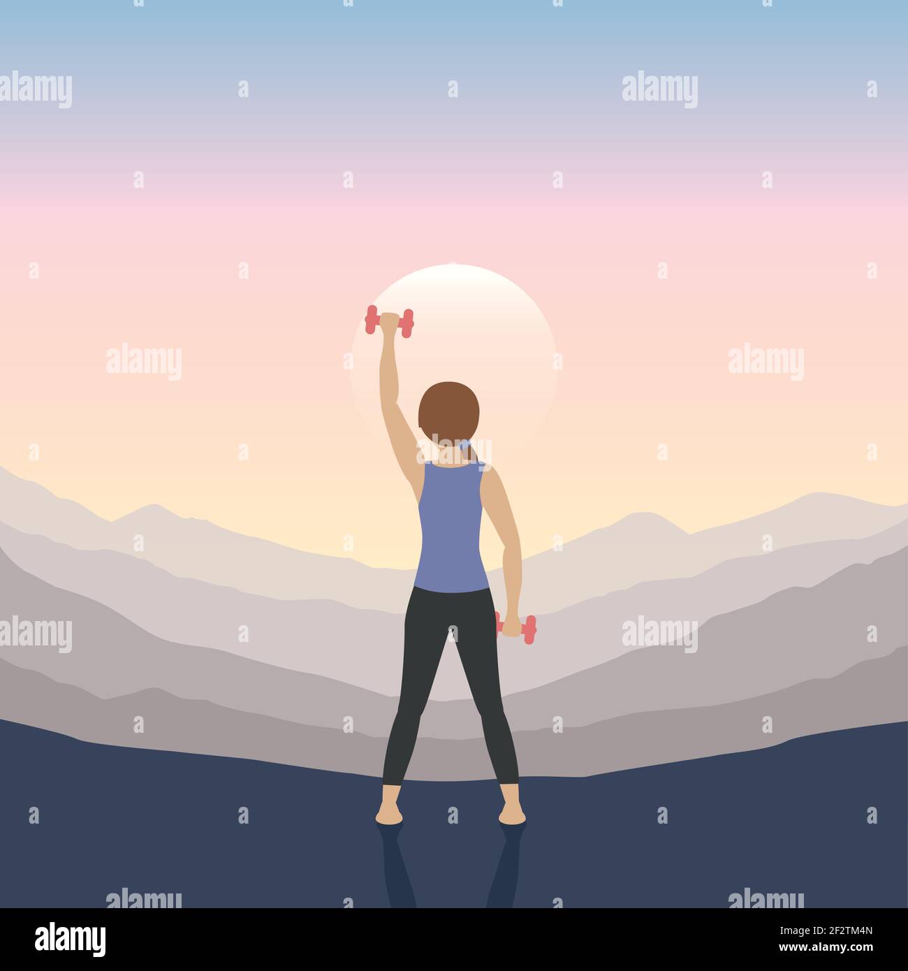 sporty girl does outdoor sport with dumbbells on mountain landscape ...