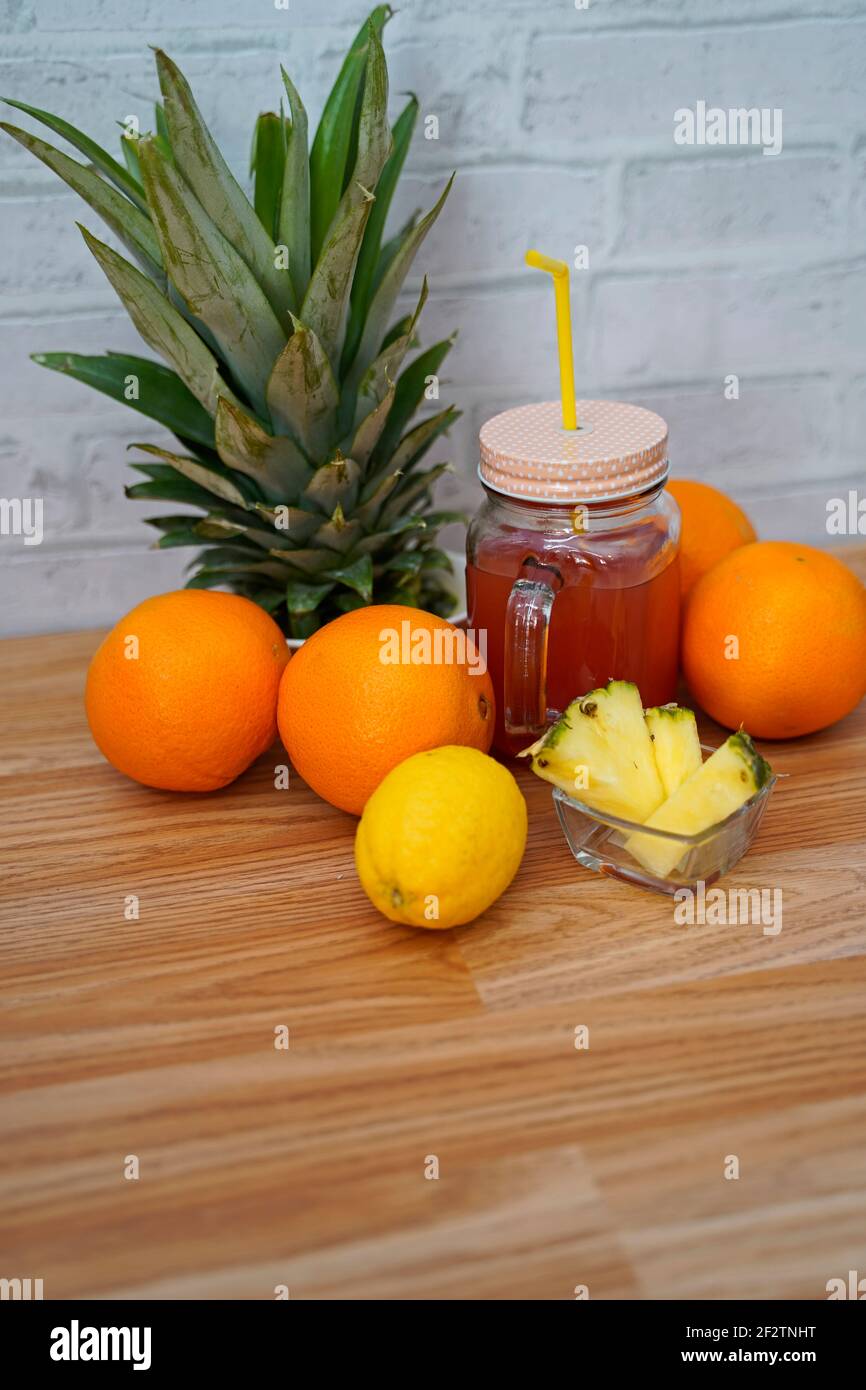 Tropical red lemonade in glass. tasty and fruity lemonade arranged in ...