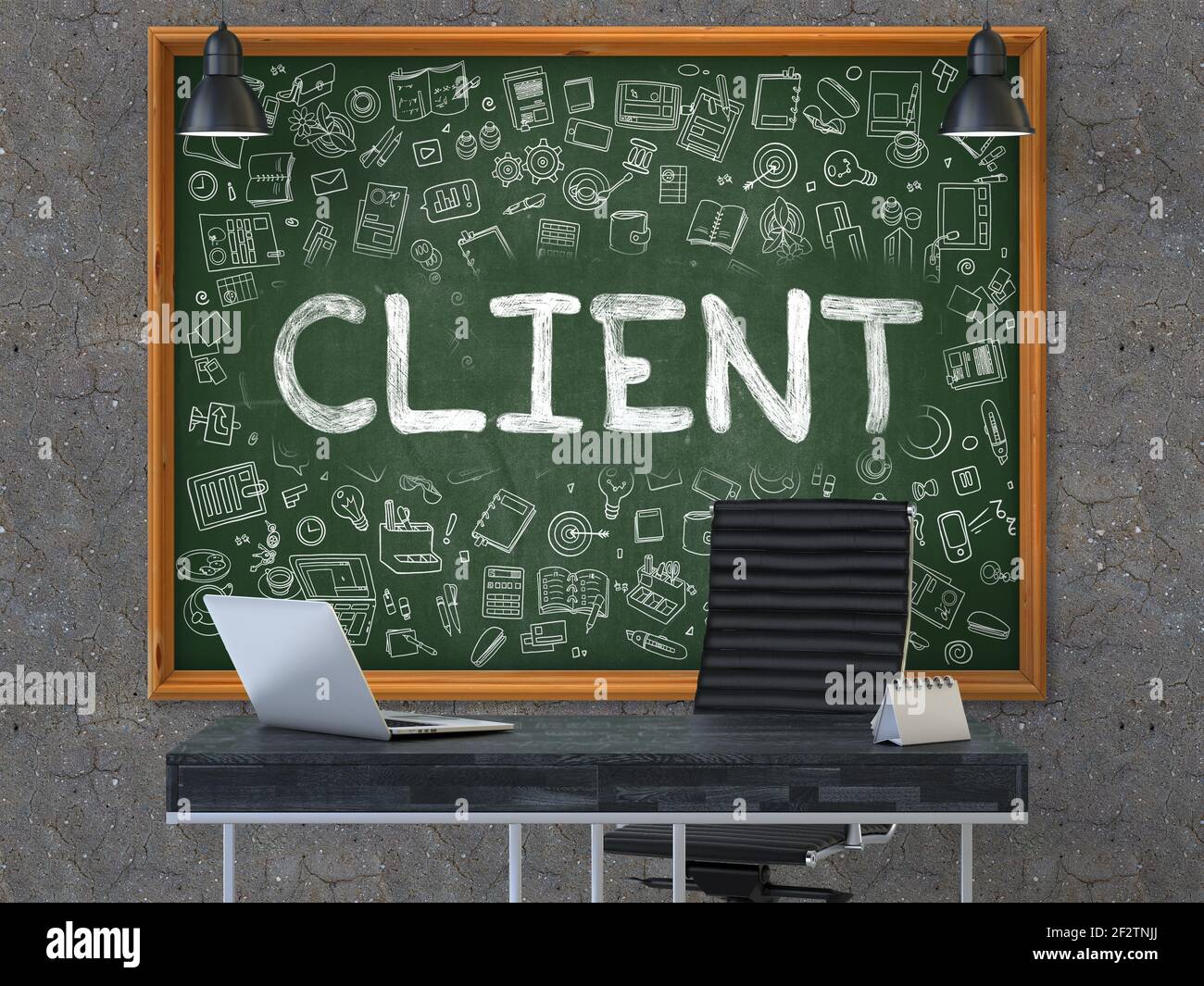 Client on Chalkboard with Doodle Icons Stock Photo - Alamy