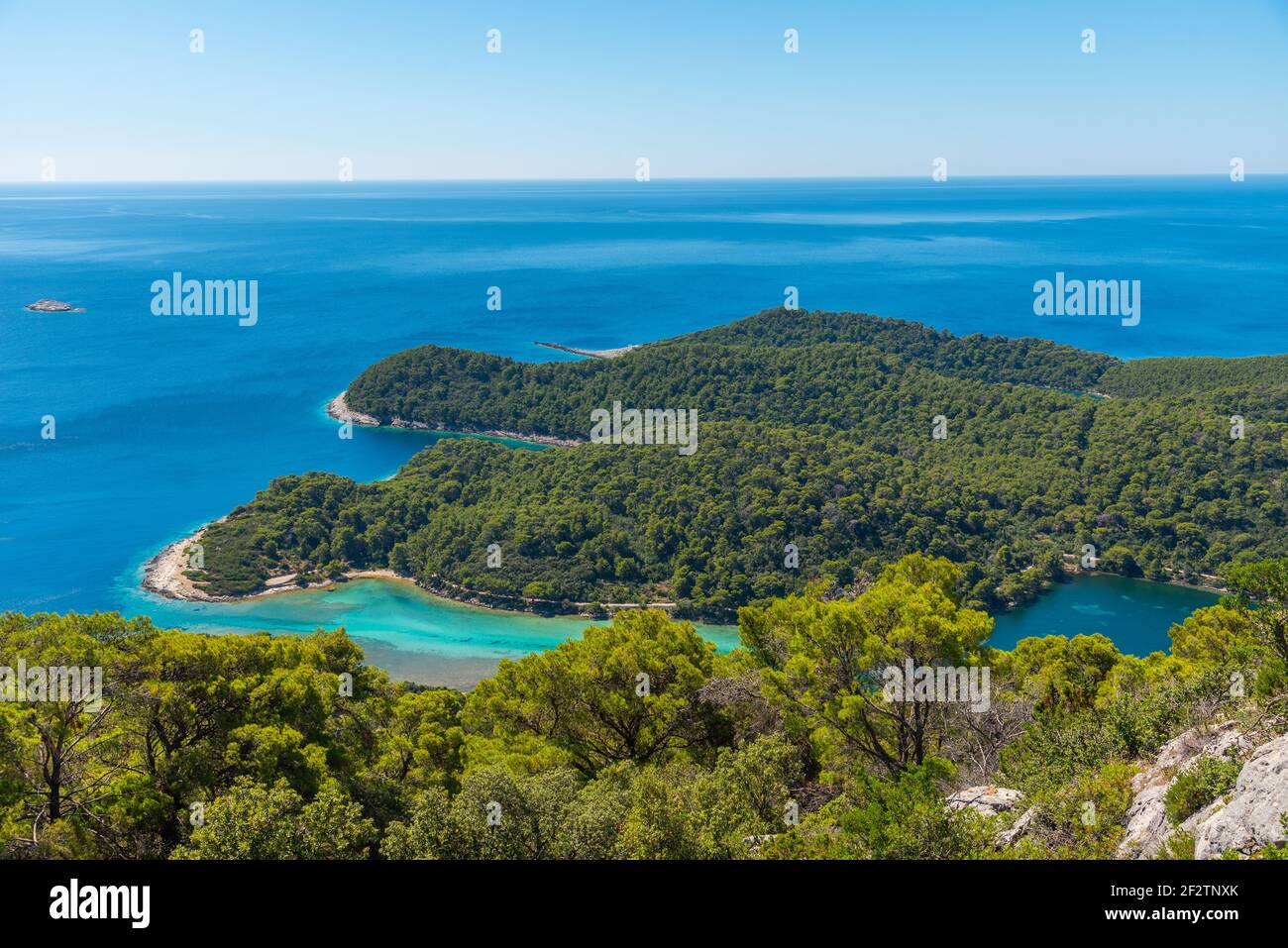 Aerial view of a bay at Soline village in Mljet national park in ...