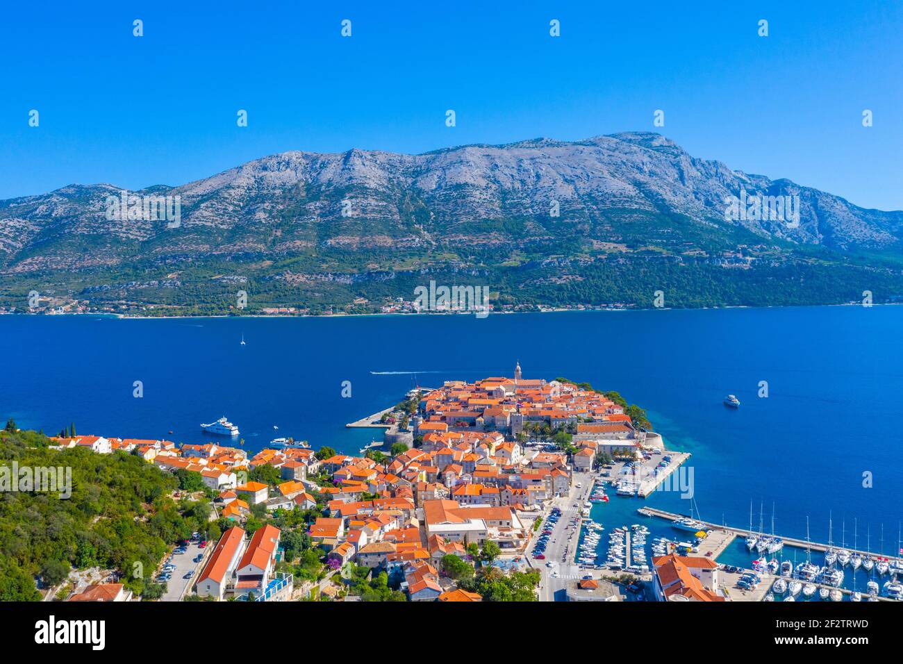 Aerial view of Croatian town Korcula and Sveti Ilija mountain Stock ...