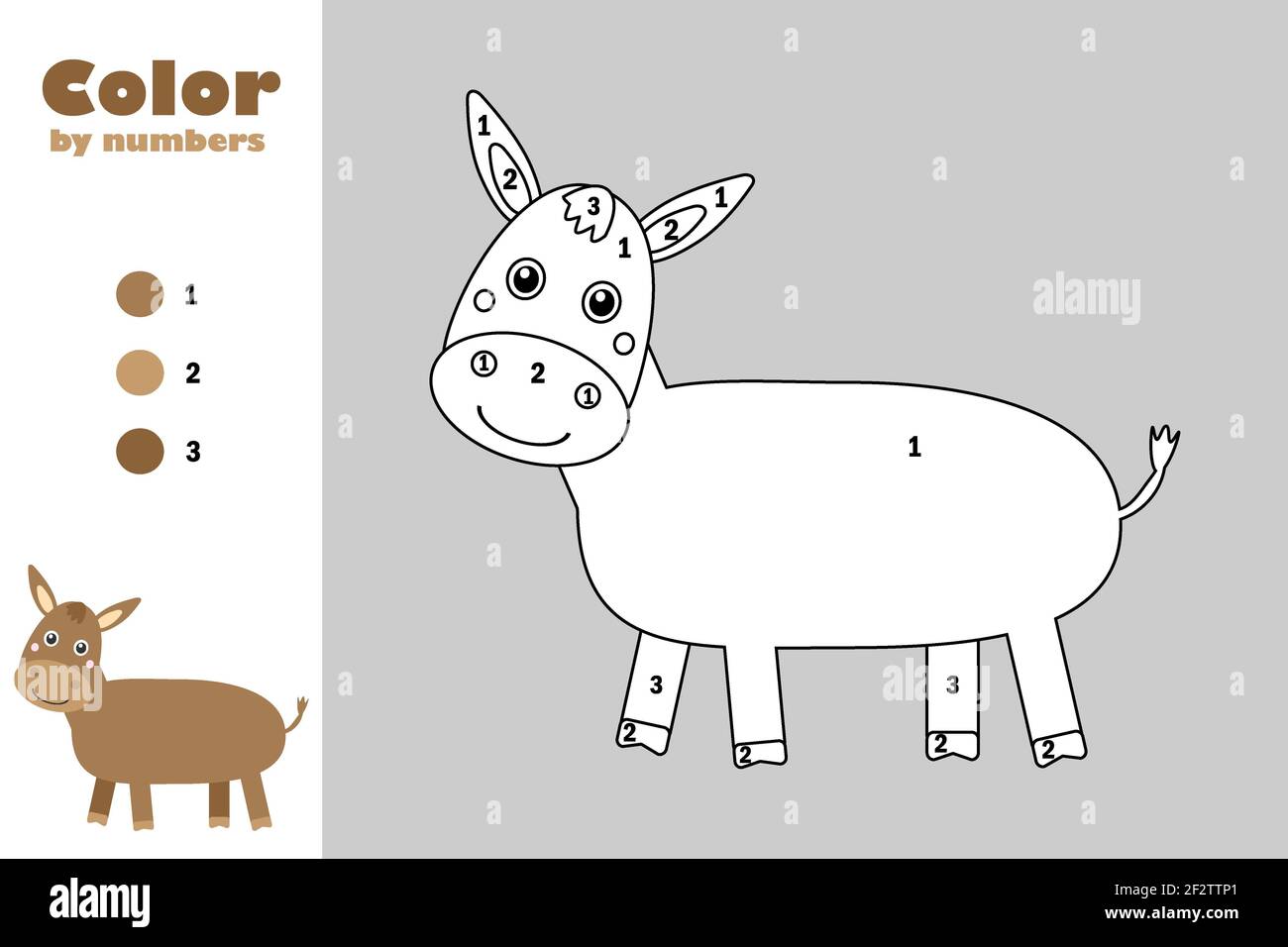 Donkey in cartoon style, color by number, education paper game for the ...