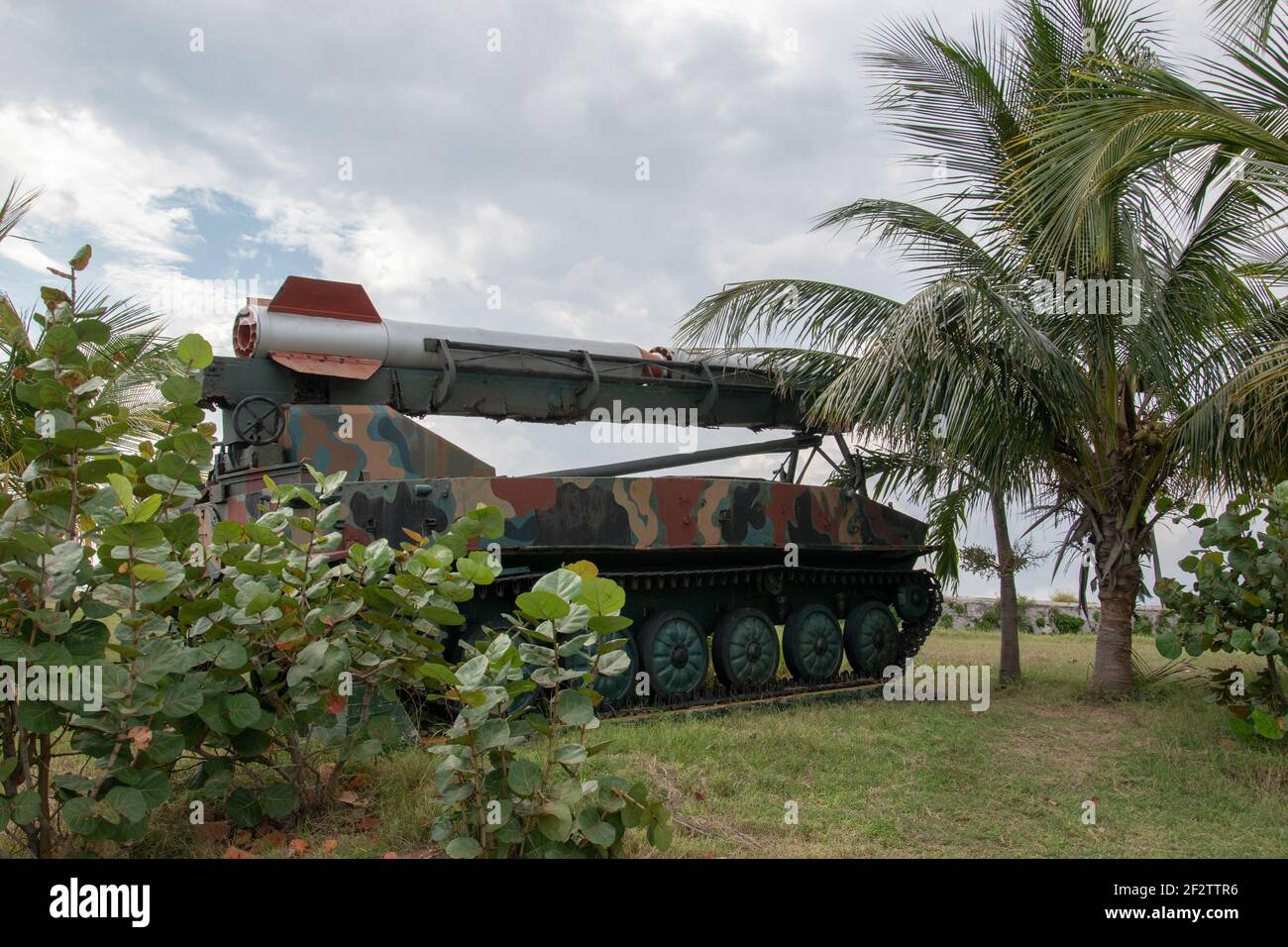 Soviet 9M21 rocket mounted on a wheeled 9P113 transporter erector ...