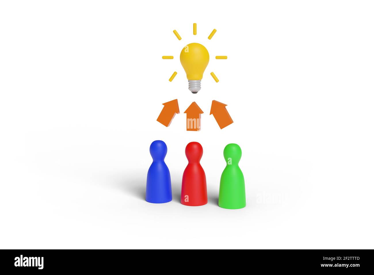 Three colorful pawns have a light bulb. Teamwork concept. 3d ...