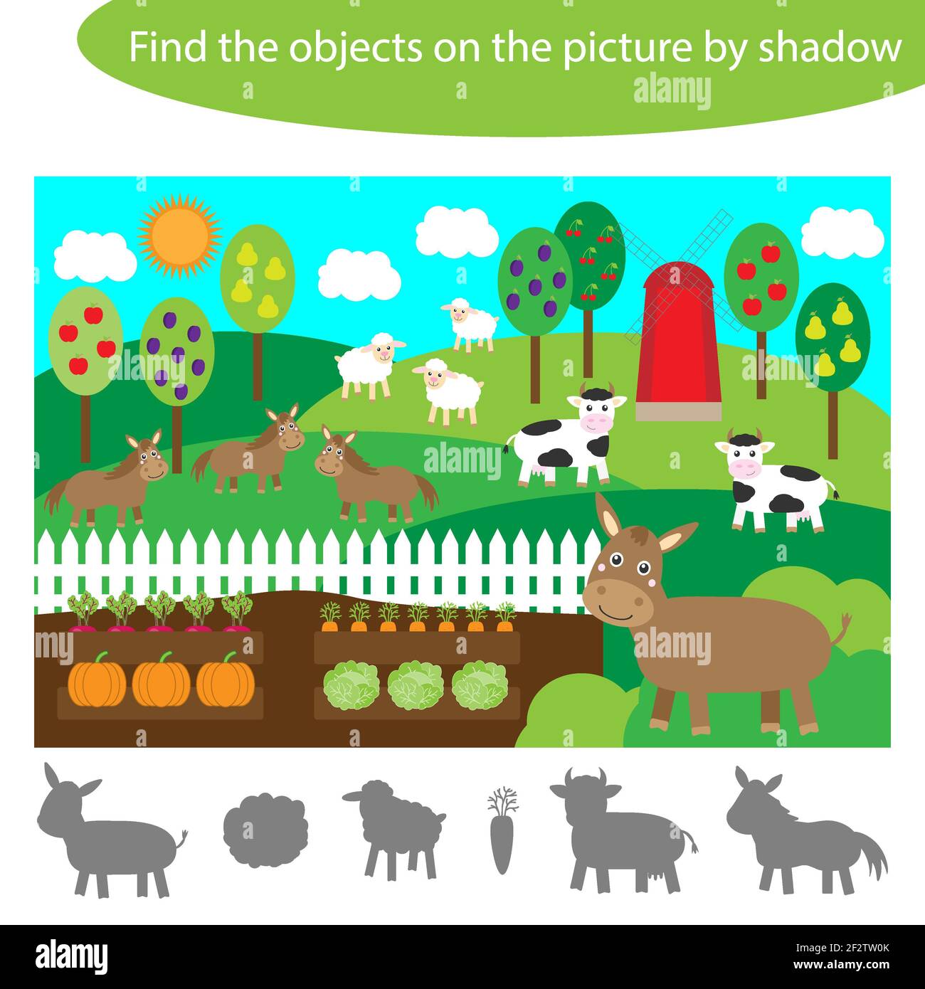 Find the objects by shadow, game for children farm animals and garden ...