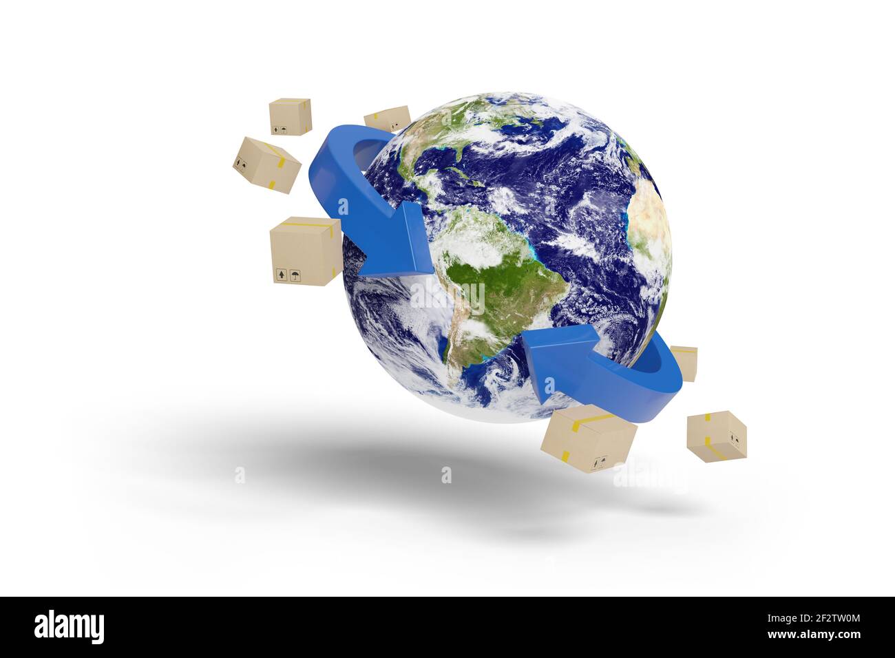 Earth globe surrounded by arrows and packages. Shipping concept. 3d ...